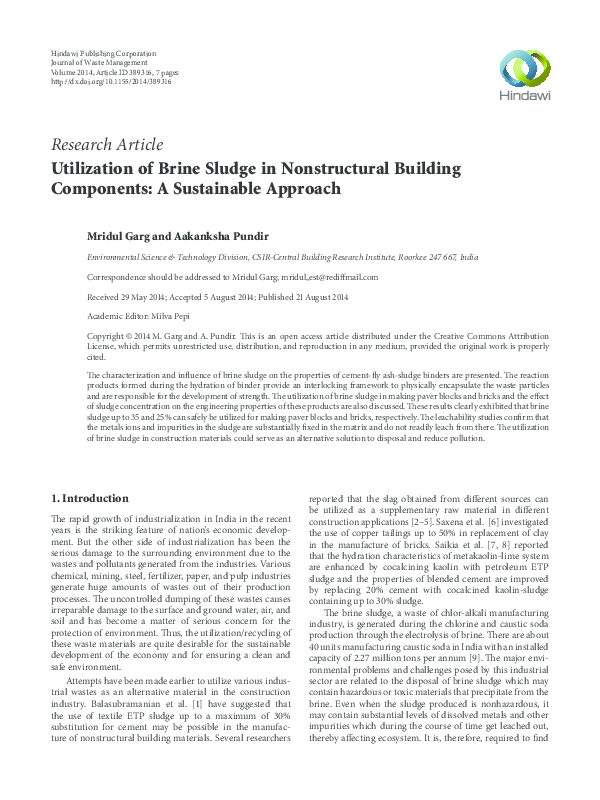 (PDF) Utilization of Brine Sludge in Nonstructural Building Components ...