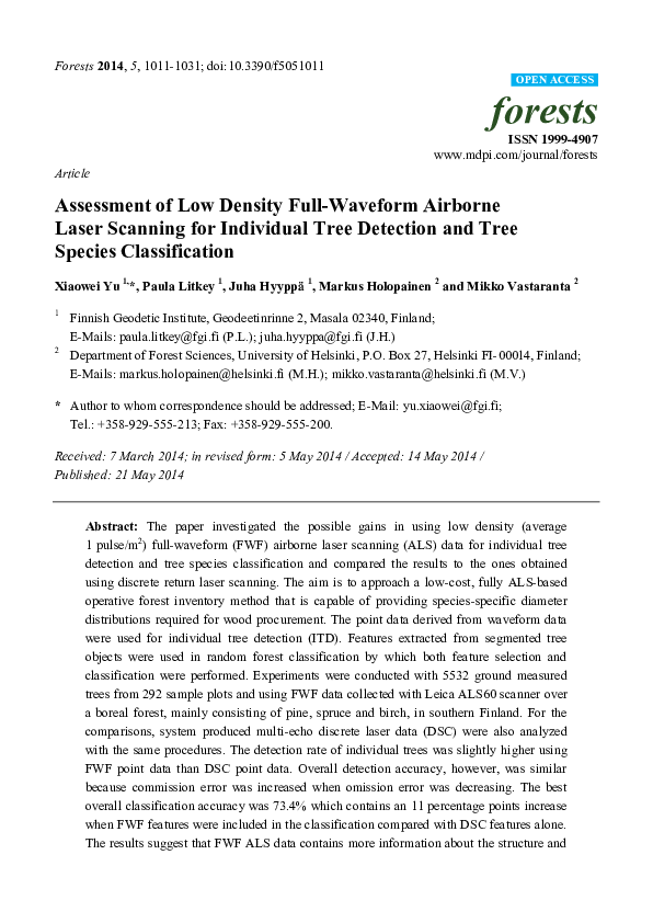 (PDF) Assessment of Low Density Full-Waveform Airborne Laser Scanning for Individual Tree ...