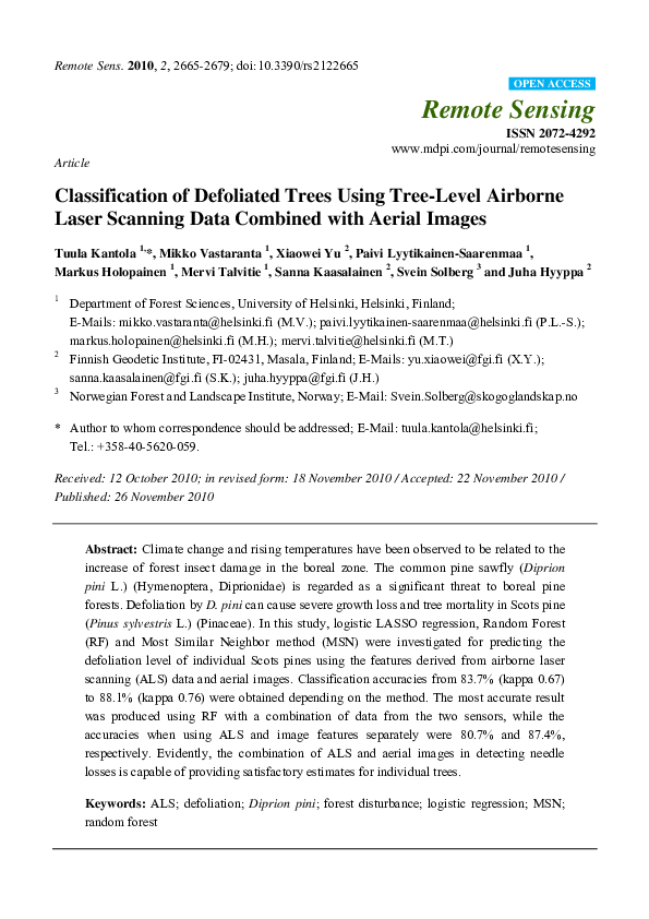 (PDF) Classification of Defoliated Trees Using Tree-Level Airborne ...