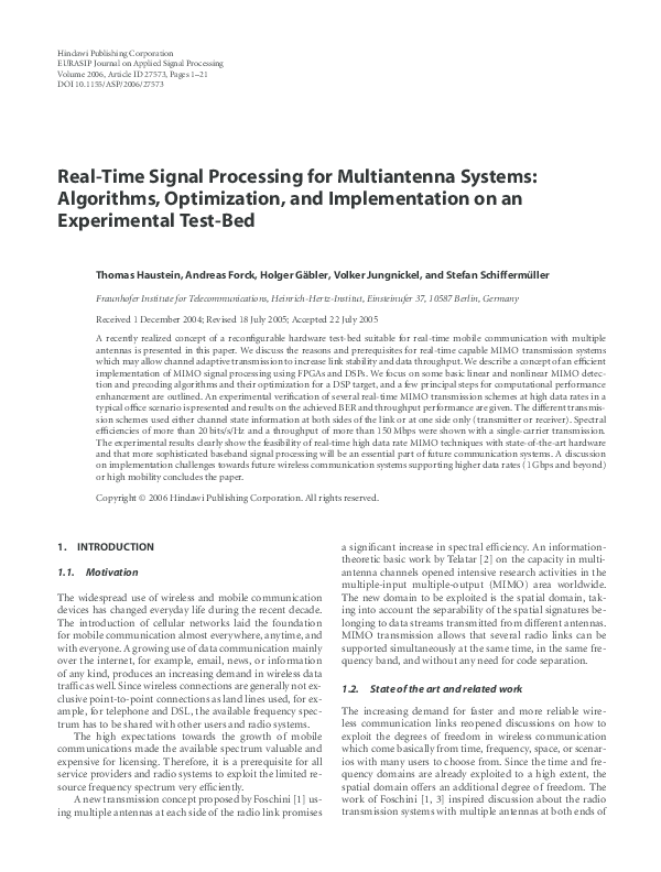 (PDF) Real-Time Signal Processing for Multiantenna Systems: Algorithms, Optimization, and ...