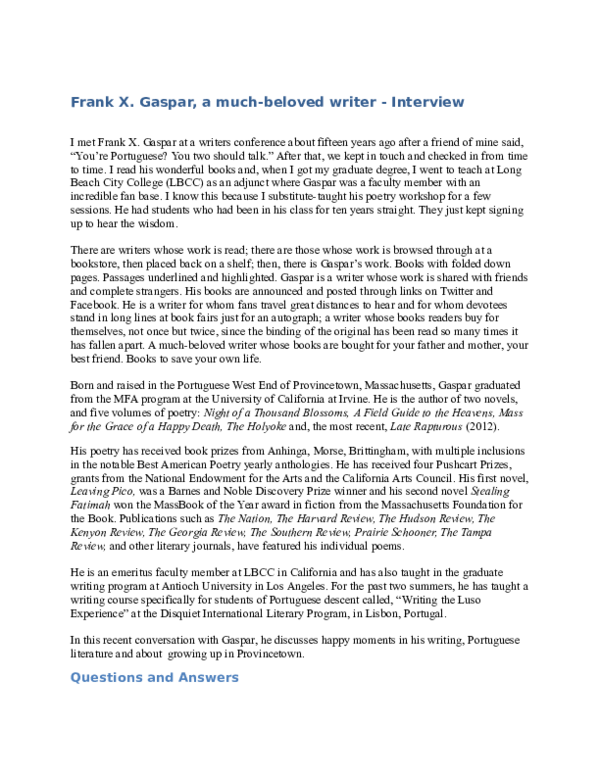 (DOC) Frank X. Gaspar a much beloved writer – Interview