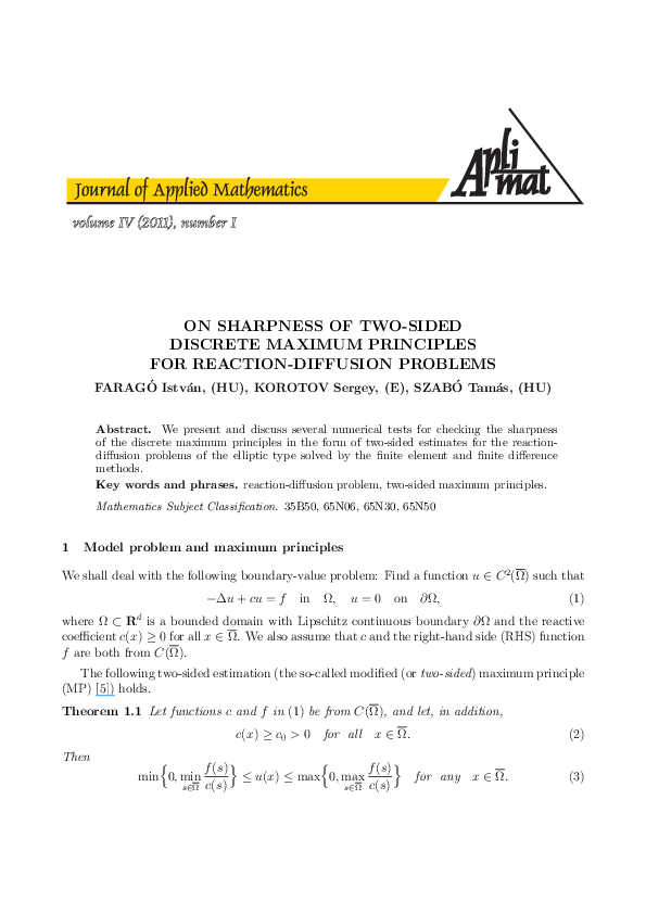 Pdf On Sharpness Of Two Sided Discrete Maximum Principles For Reaction Diffusion Problems