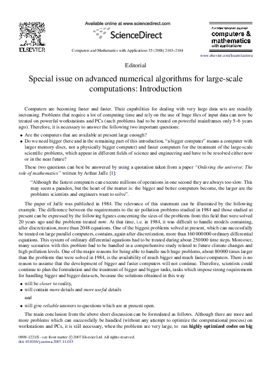 Pdf Special Issue On Advanced Numerical Algorithms For Large Scale Computations Introduction