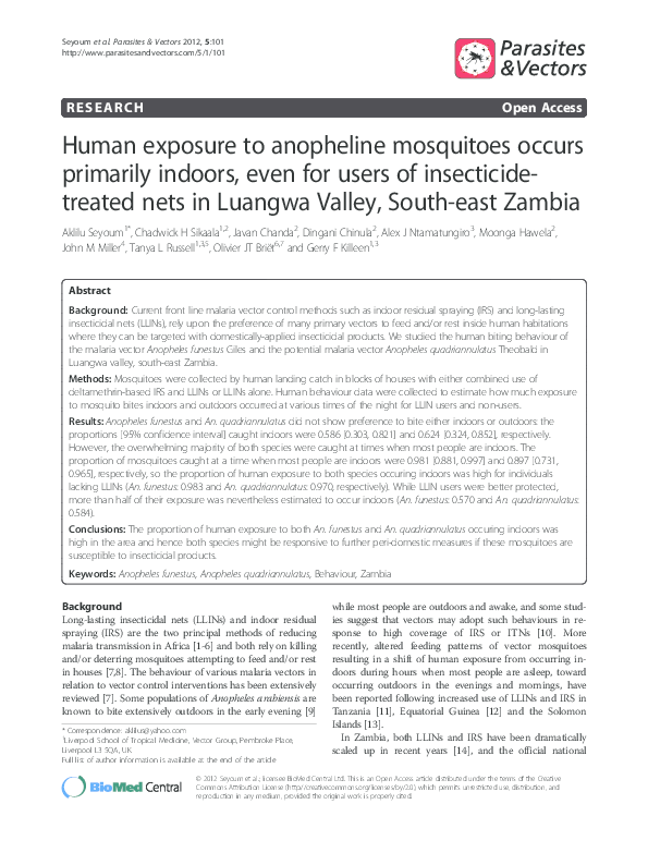 (PDF) Human exposure to anopheline mosquitoes occurs primarily indoors ...