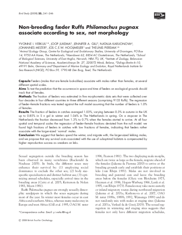 (PDF) Non-breeding faeder ruffs associate according to esex, not morphology