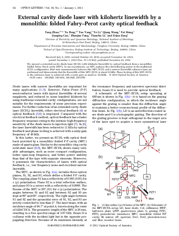 (PDF) External cavity diode laser with kilohertz linewidth by a ...