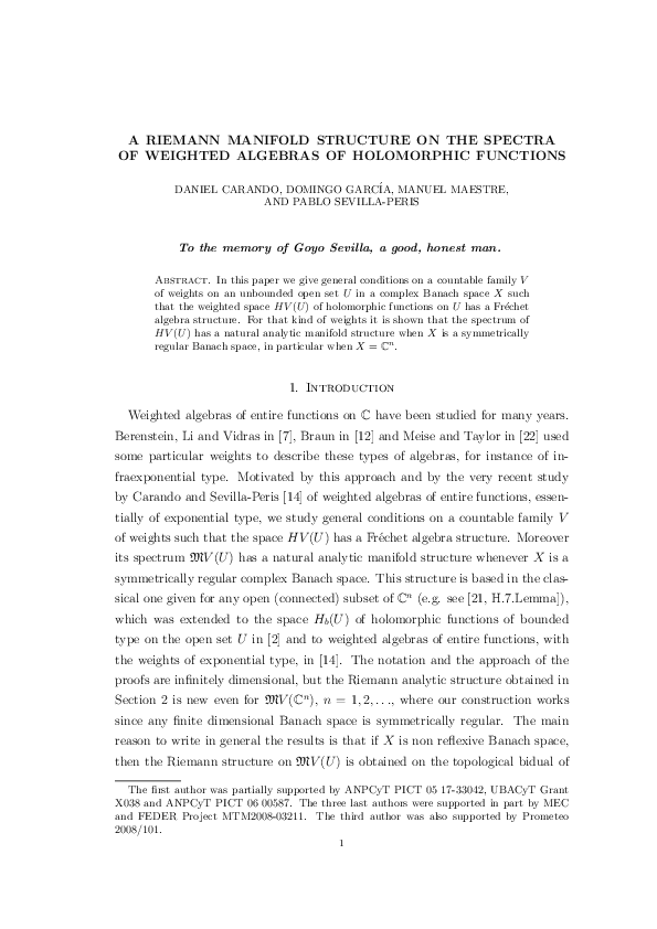 (PDF) A Riemann manifold structure of the spectra of weighted algebras of holomorphic functions