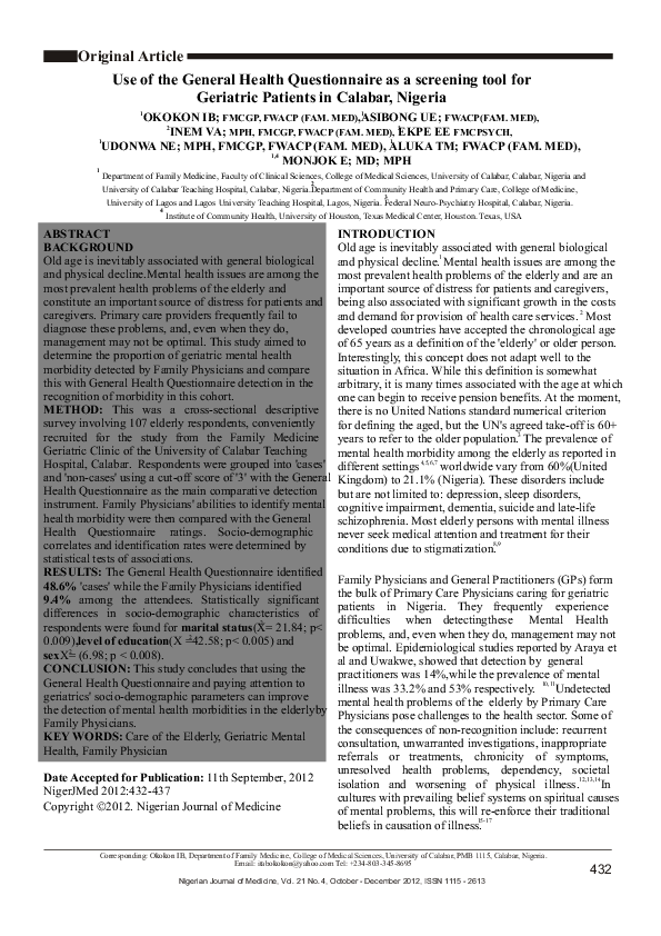 (PDF) Use of the General Health Questionnaire as a screening tool for ...