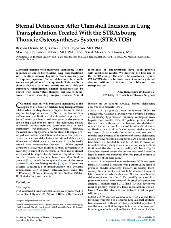 (PDF) Sternal Dehiscence After Clamshell Incision in Lung ...