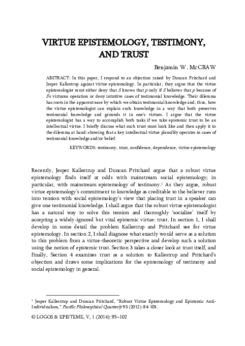 (PDF) Virtue Epistemology, Testimony, and Trust