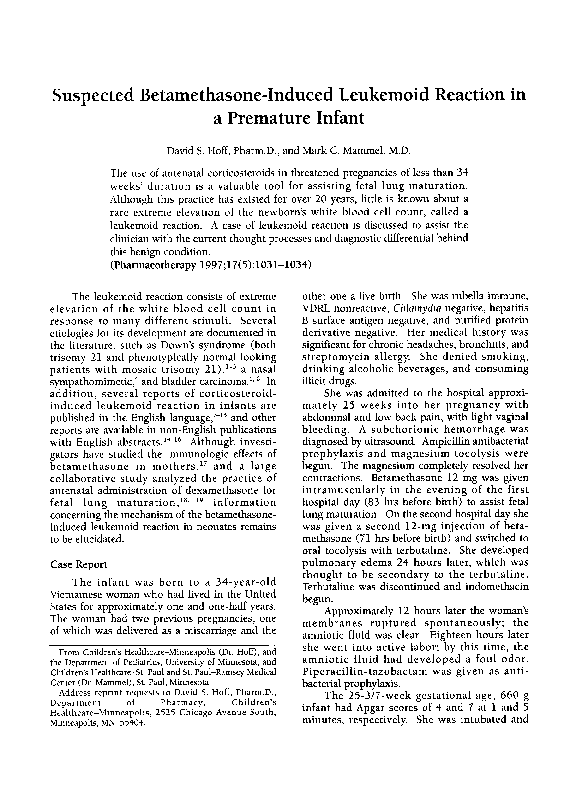 (PDF) Suspected betamethasone-induced leukemoid reaction in a premature infant