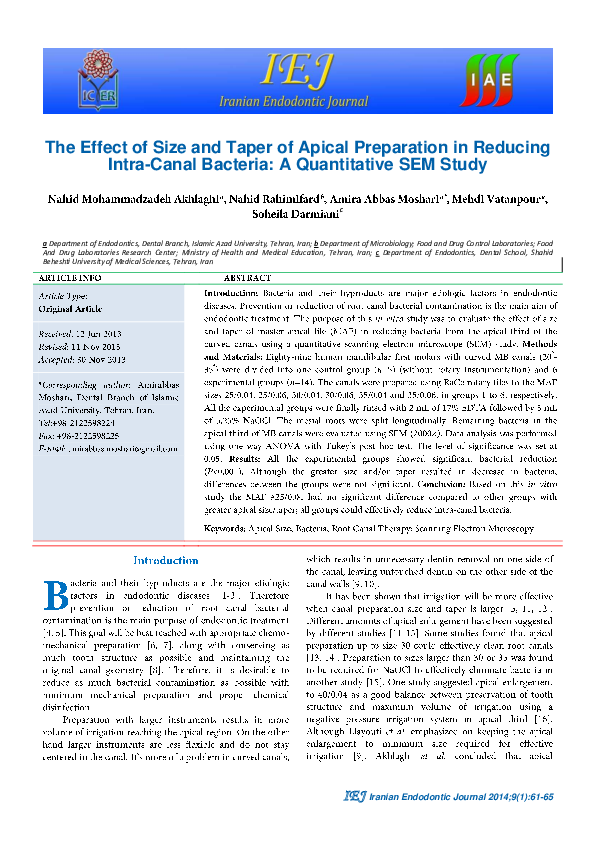 (PDF) The Effect of Size and Taper of Apical Preparation in Reducing ...