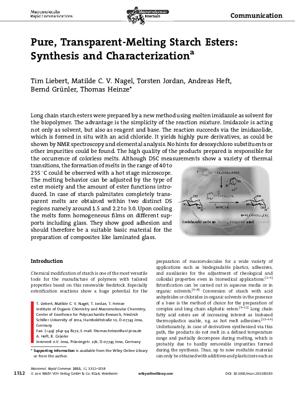 (PDF) Pure, Transparent-Melting Starch Esters: Synthesis and ...