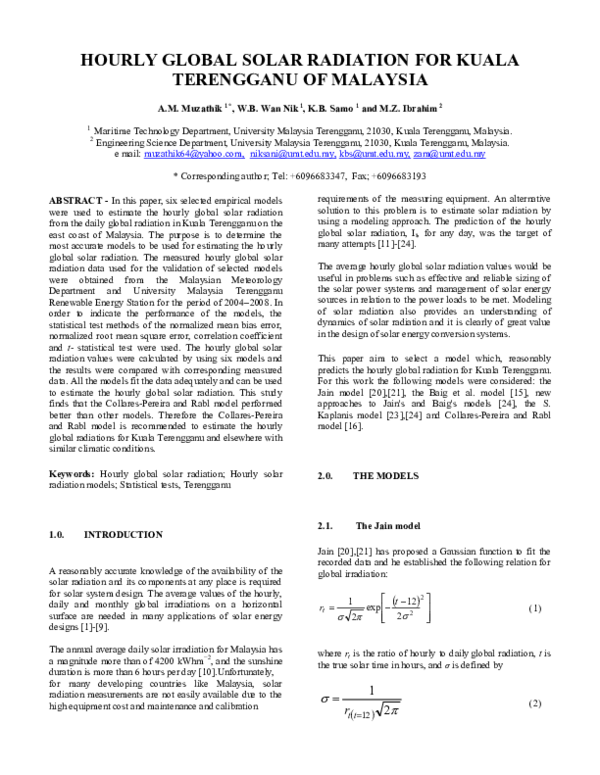 (PDF) Hourly Global Solar Radiation for Kuala Terengganu of Malaysia