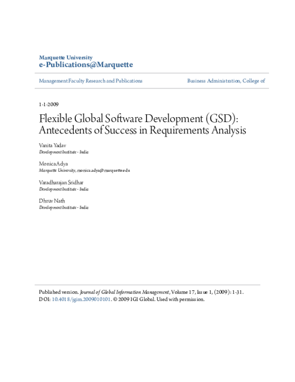 (PDF) Flexible Global Software Development(GSD): Antecedents of Success In Requirements Analysis