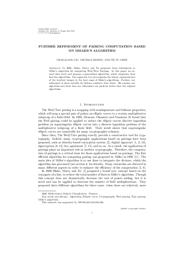(PDF) Further refinement of pairing computation based on Miller’s algorithm