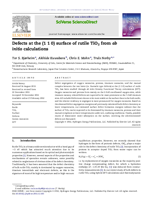 (PDF) Defects at the (1 1 0) surface of rutile TiO2 from ab initio ...