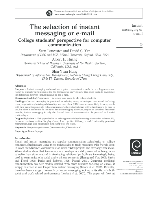 (PDF) The selection of instant messaging or e-mail: College students ...