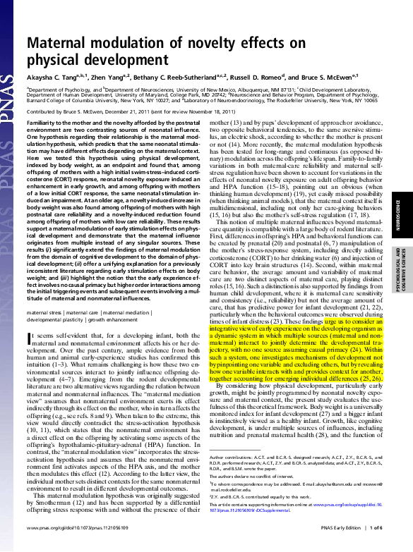 (PDF) Maternal modulation of novelty effects on physical development