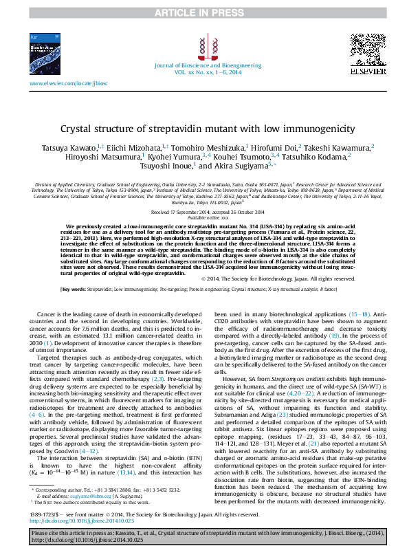 (PDF) Crystal structure of streptavidin mutant with low immunogenicity