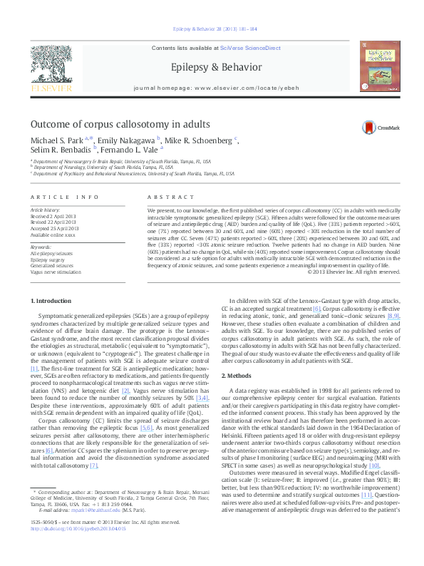 (PDF) Outcome of corpus callosotomy in adults