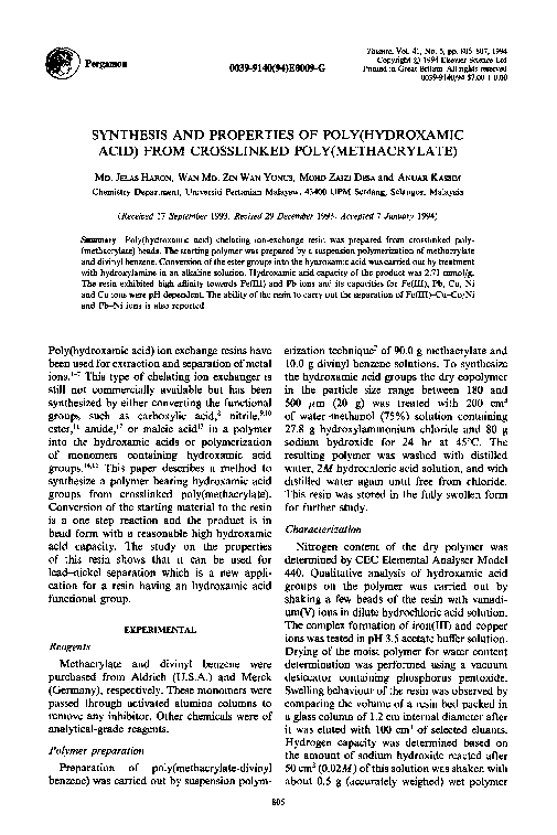 (PDF) Synthesis and properties of poly(hydroxamic acid) from crosslinked poly(methacrylate)
