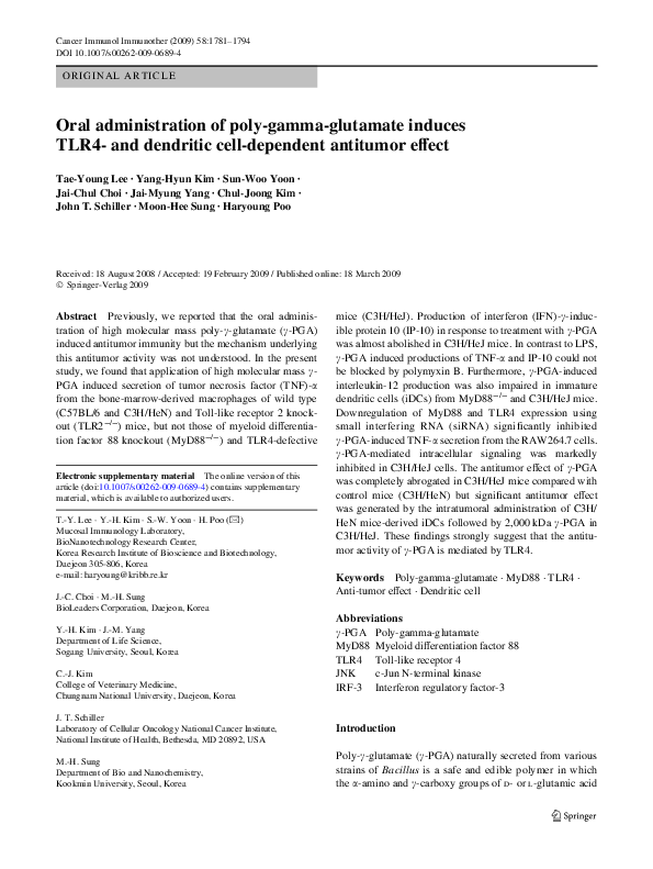 Pdf Oral Administration Of Poly Gamma Glutamate Induces Tlr4 And