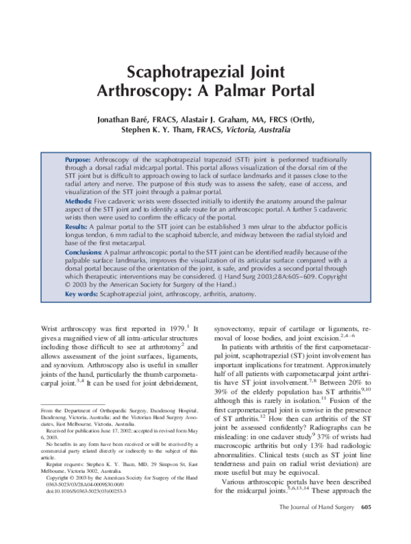(PDF) Scaphotrapezial joint arthroscopy: a palmar portal