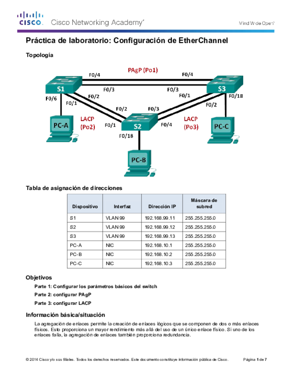 (PDF) Práctica de laboratorio: Configuración de EtherChannel Topología Tabla de asignación de ...