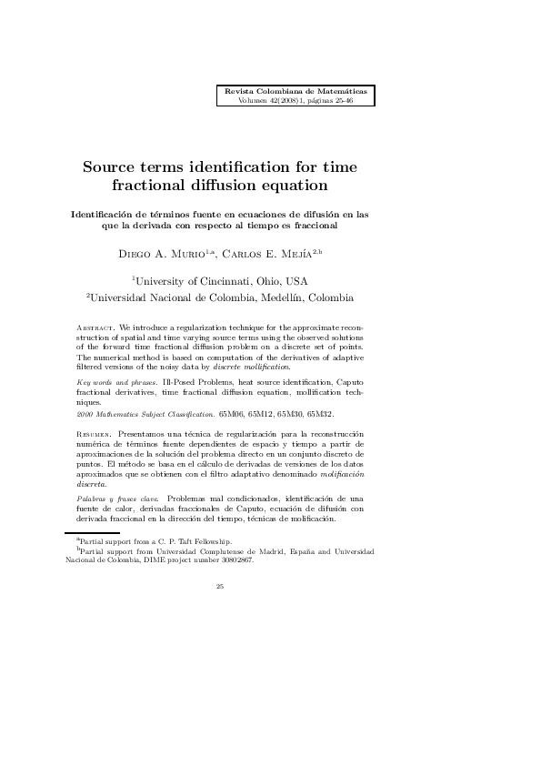 Pdf Source Terms Identification For Time Fractional Diffusion Equation