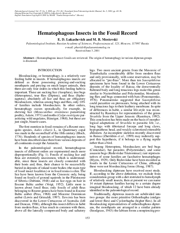 (PDF) Hematophagous Insects in the Fossil Record