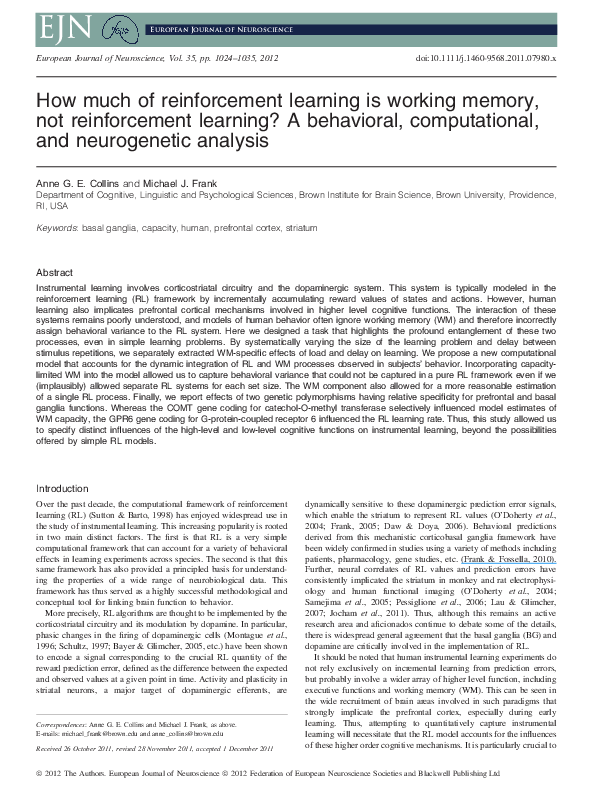 (PDF) How much of reinforcement learning is working memory, not reinforcement learning? A ...
