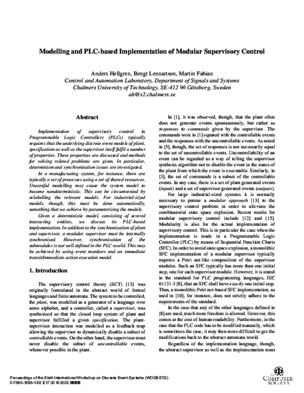 Pdf Modelling And Plc Based Implementation Of Modular Supervisory Control