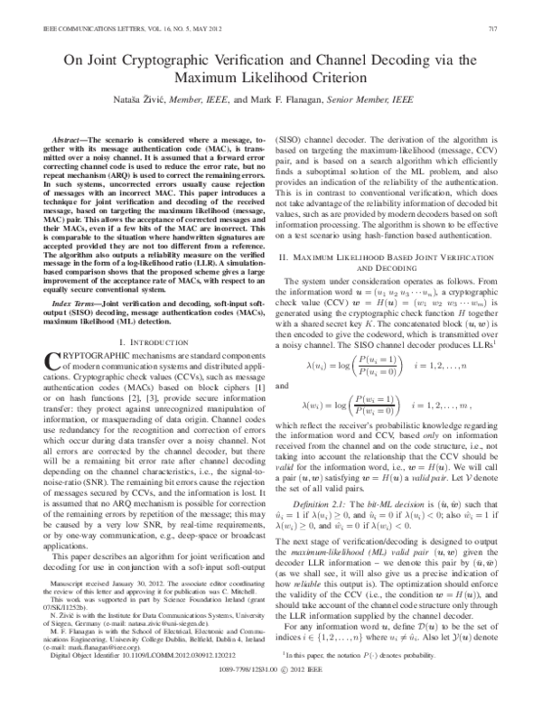 (PDF) On Joint Cryptographic Verification and Channel Decoding via the Maximum Likelihood Criterion