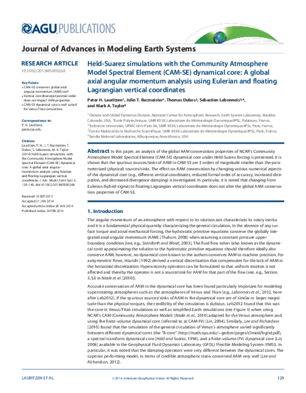 (PDF) Held-Suarez simulations with the Community Atmosphere Model Spectral Element (CAM-SE ...