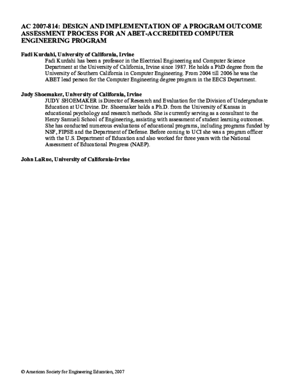 (PDF) Ac 2007-814: Design and Implementation of a Program Outcome ...