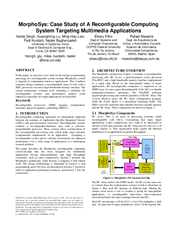Pdf Morphosys A Reconfigurable Architecture For Multimedia Applications Fadi Kurdahi