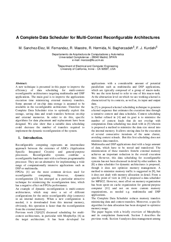 Pdf A Data Scheduler For Multi Context Reconfigurable Architectures
