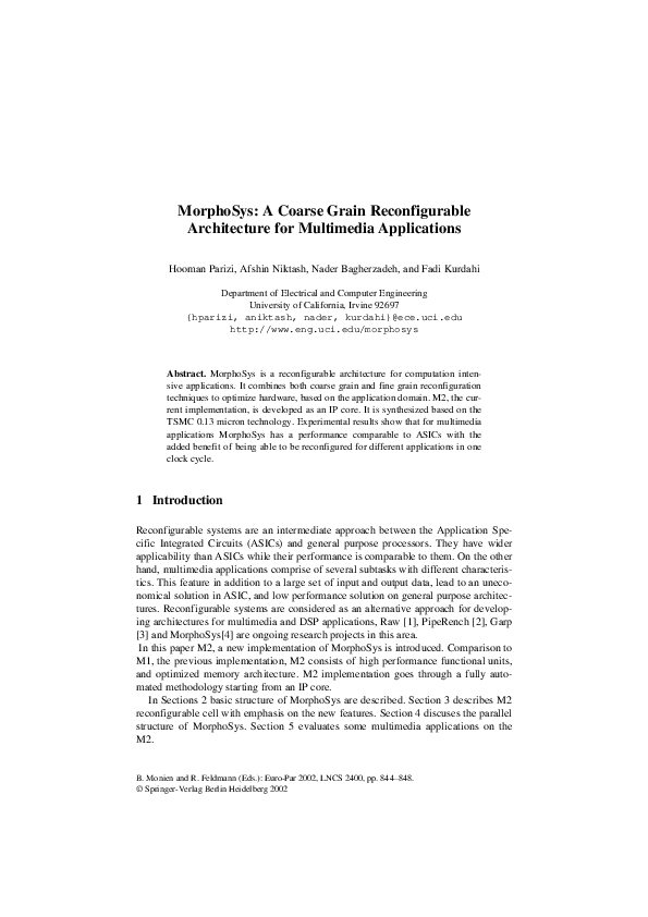 (PDF) MorphoSys: A Coarse Grain Reconfigurable Architecture for Multimedia Applications