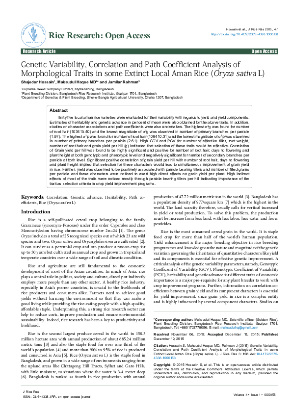 (PDF) Genetic Variability, Correlation and Path Coefficient Analysis of Morphological Traits in ...