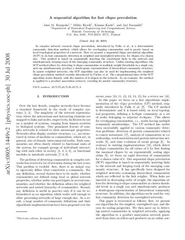 Pdf A Sequential Algorithm For Fast Clique Percolation