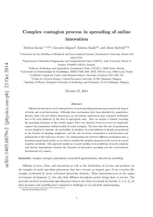 (PDF) Complex contagion process in spreading of online innovation