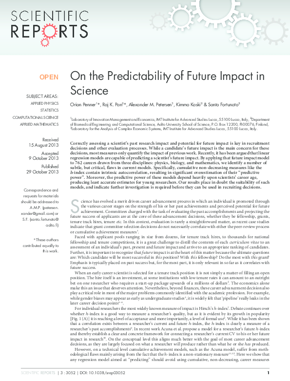 (PDF) On the predictability of future impact in science