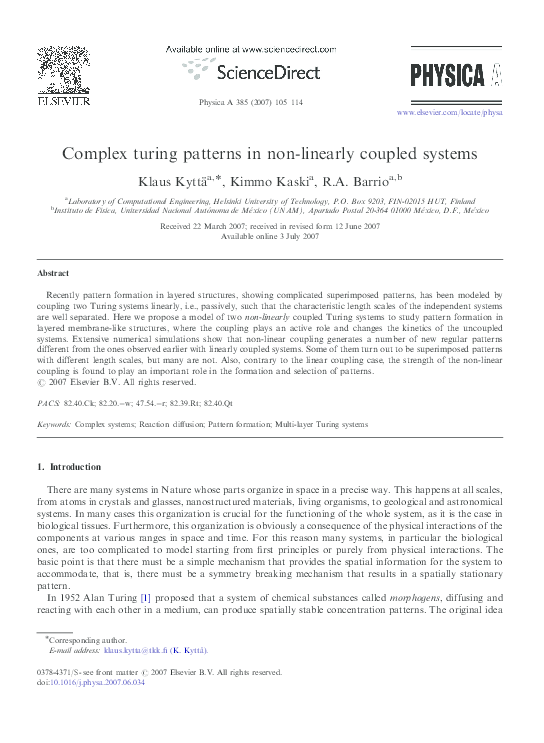 (PDF) Complex turing patterns in non-linearly coupled systems