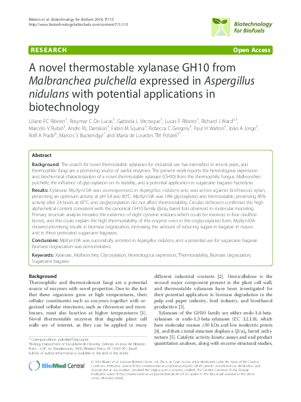 (PDF) A novel thermostable xylanase GH10 from Malbranchea pulchella expressed in Aspergillus ...