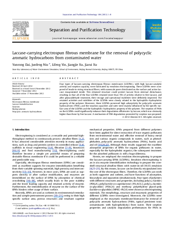 (PDF) Laccase-carrying electrospun fibrous membrane for the removal of polycyclic aromatic ...