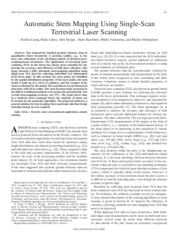Pdf Automatic Stem Mapping Using Single Scan Terrestrial Laser Scanning