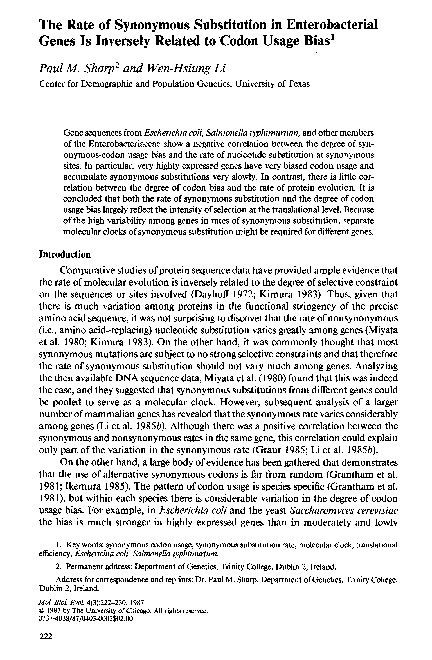 (PDF) The rate of synonymous substitution in enterobacterial genes is ...