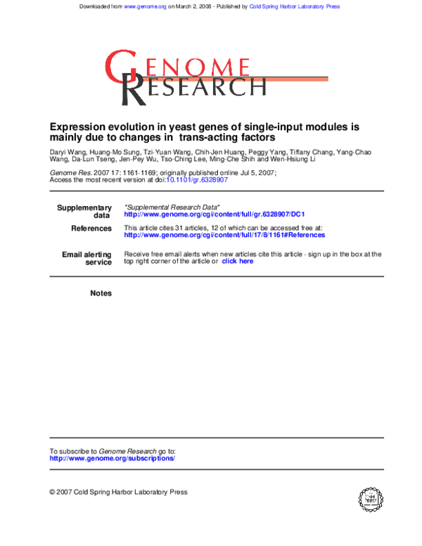 (PDF) Expression evolution in yeast genes of single-input modules is ...