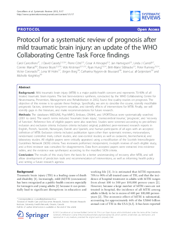 (PDF) Protocol for a systematic review of prognosis after mild traumatic brain injury: an update ...